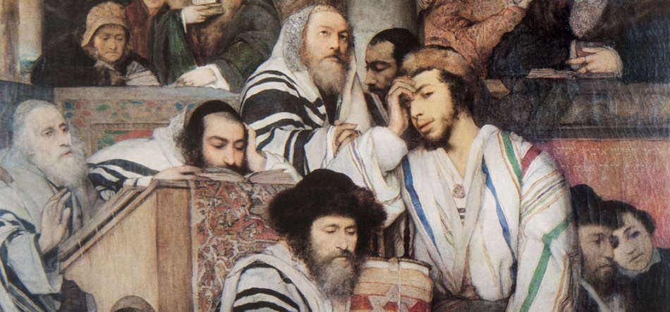 Spotkanie z dziełem: Żydzi modlący się w synagodze podczas Yom Kippur ...